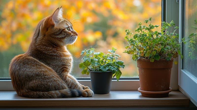 Cute Tabby Cat Sitting by Window, Autumn Leaves Out of Focus Stock ...