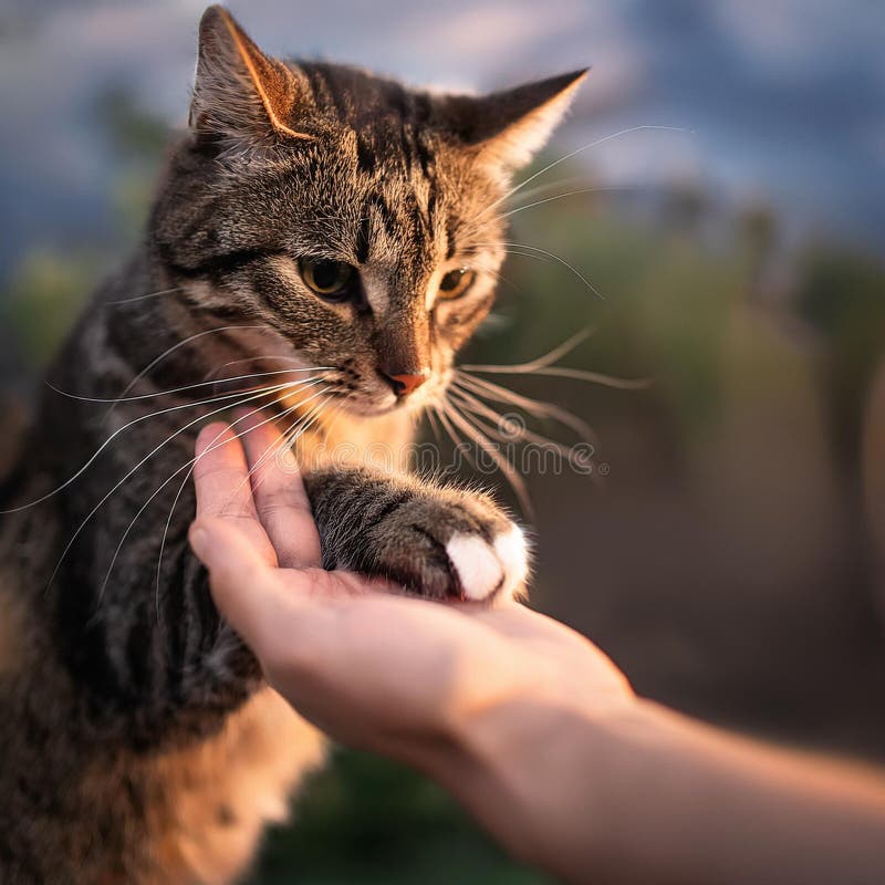 Cute Tabby Cat Touching Human Mate, AI Generated Stock Illustration ...