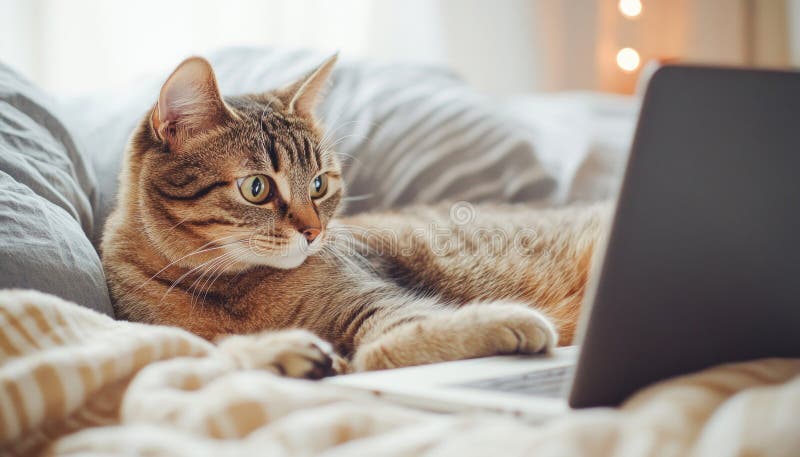 Cute Tabby Cat Using Laptop in Bed Stock Image - Image of lifestyle ...