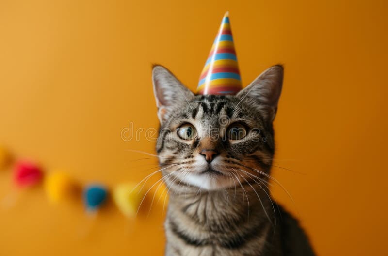 Cute Tabby Cat Wearing a Party Hat Stock Photo - Image of feline ...