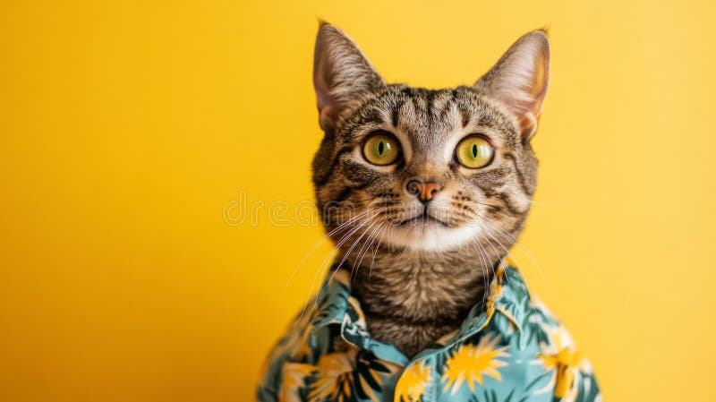 Cute Tabby Cat Wearing Tropical Shirt Against Yellow Background Stock ...