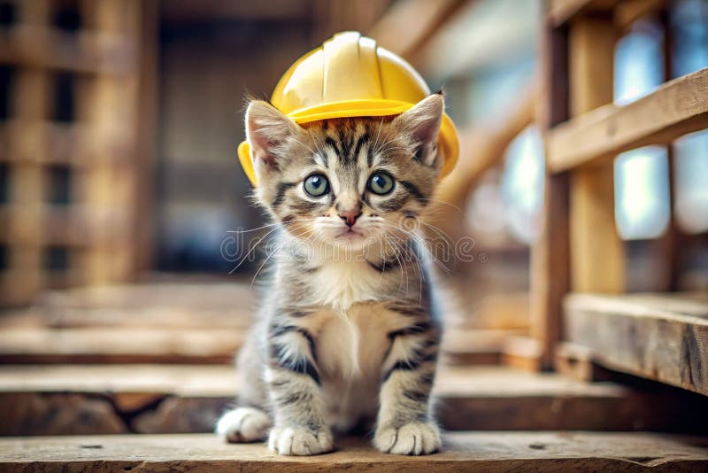 Cute Tabby Kitten As a Construction Worker with a Hard Hat on a Wooden ...