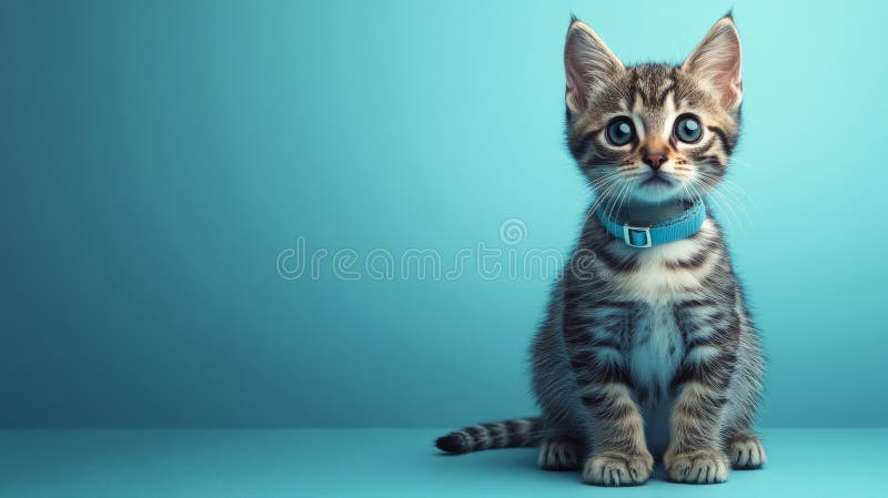 Cute Tabby Kitten with Blue Collar Sitting on a Blue Background ...
