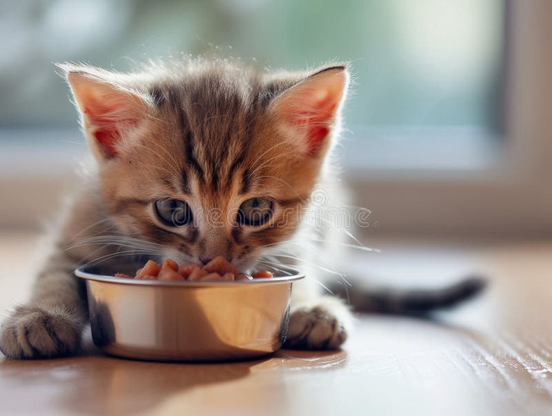 Cute Tabby Kitten Eating from a Metal Bowl in a Sunlit Indoor Setting ...