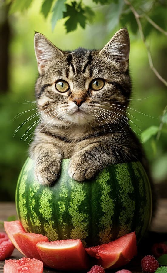 Tabby Kitten Sitting on a Watermelon Stock Image - Image of green ...