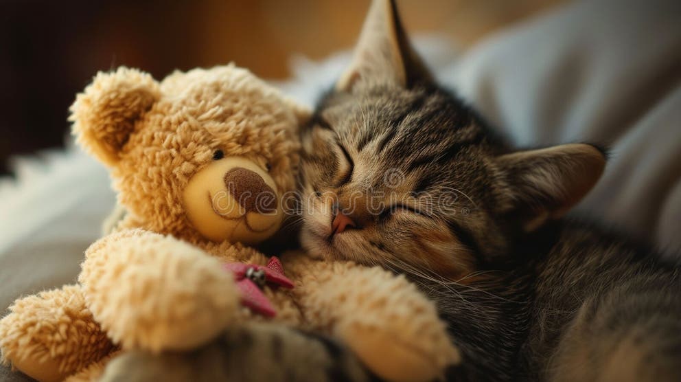 Cute Tabby Kitten Snuggles with a Plush Teddy Bear. Stock Photo - Image ...