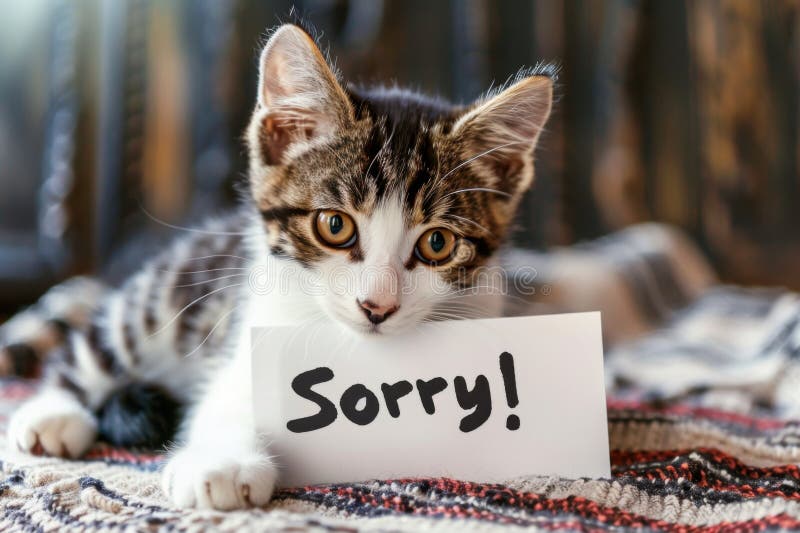 Cute Tabby Kitty with a Paper Card. Text "Sorry!" Written on a White ...