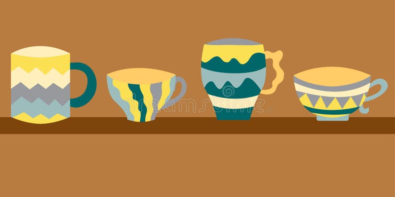 Cute Tea Cups with Geometric Pattern. Cups in Yellow and Grey Colors ...