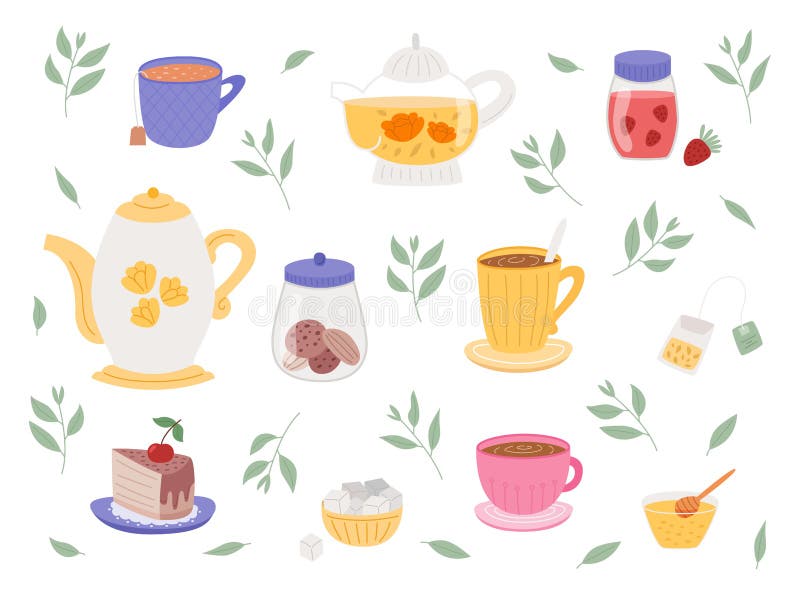 Cute Tea Set with Cups, Pots and Sweets. Stock Vector - Illustration of ...