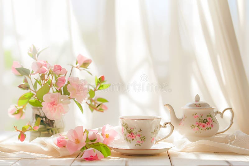 Cute Tea Set with Flowers on Vintage Table Stock Image - Image of style ...
