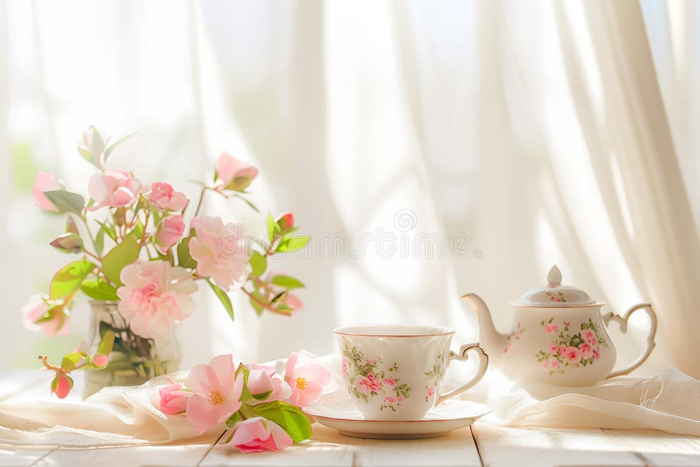Cute Tea Set with Flowers on Vintage Table Stock Image - Image of style ...
