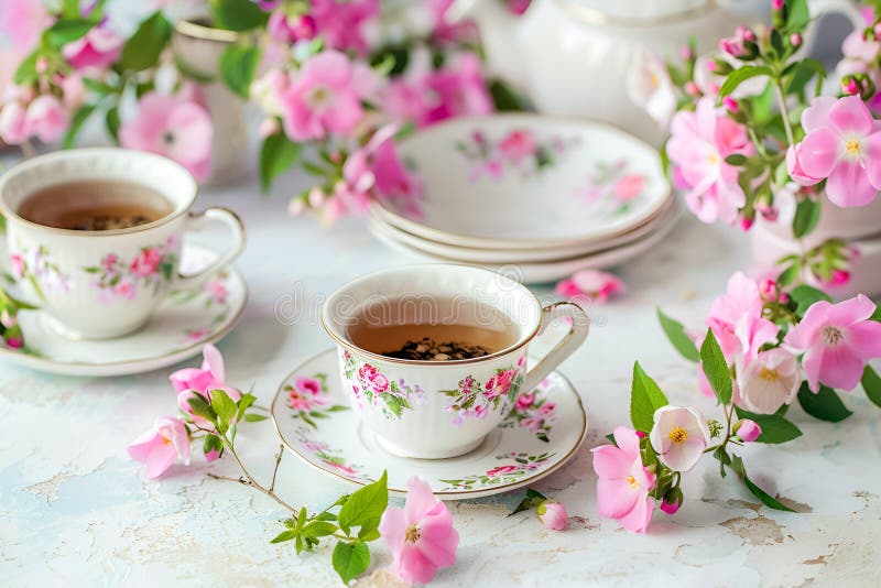 Cute Tea Set with Flowers on Vintage Table Stock Photo - Image of ...