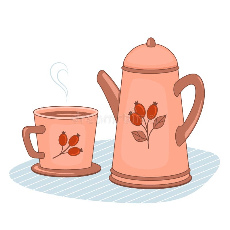 Cute Tea Set with Kettle and Cup with Rosehip Design Vector ...