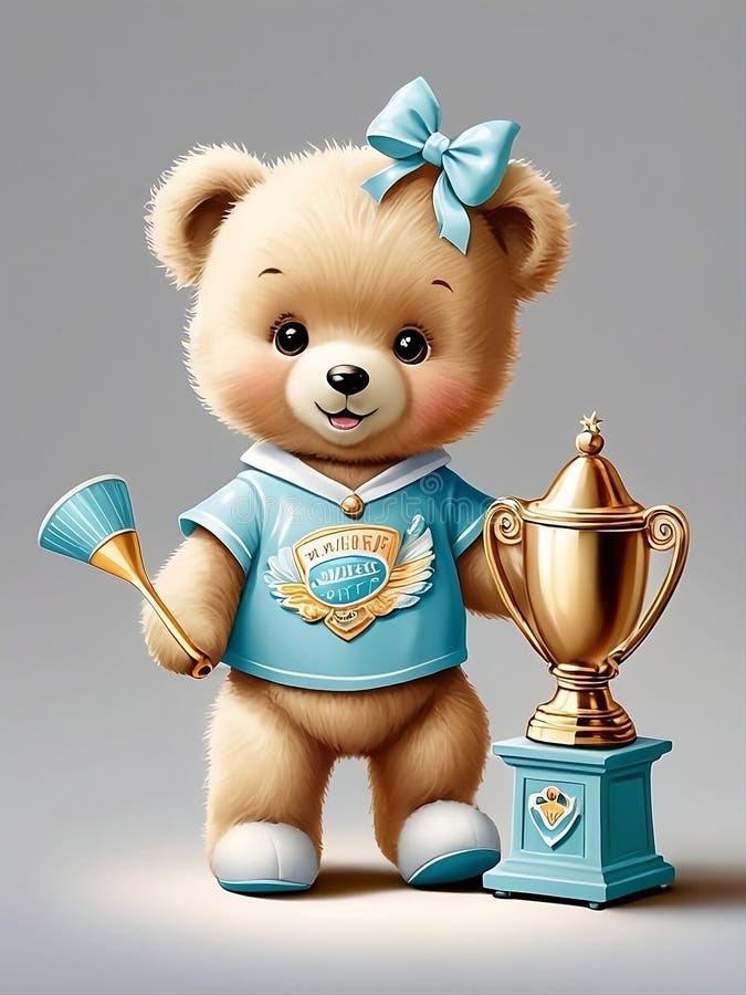 Cute Teddy Bear with Award and Trophy, 3d Illustration Stock ...