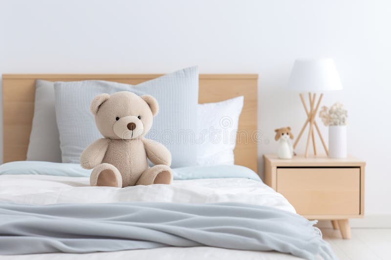 Cute Teddy Bear on Bed in Bedroom Stock Illustration - Illustration of ...