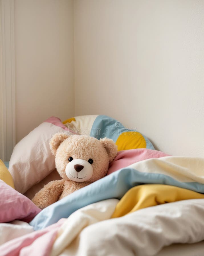 Cute Teddy Bear on a Bed with Colorful Bedding Stock Photo - Image of ...