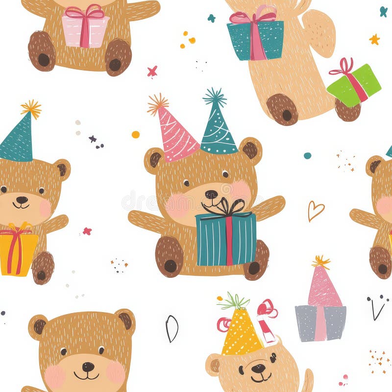 A Cute Teddy Bear Birthday Pattern with Stuffed Bears Holding Presents ...