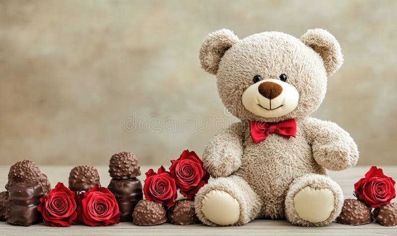 A Cute Teddy Bear with a Bow Tie, Surrounded by Roses and Chocolates ...