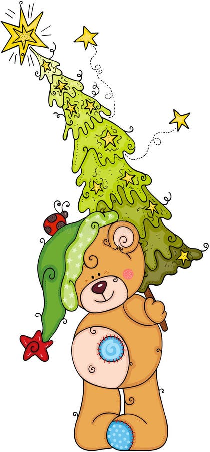 Cute Teddy Bear Carrying A Christmas Pine Tree Stock Vector Illustration Of Patch Cartoon