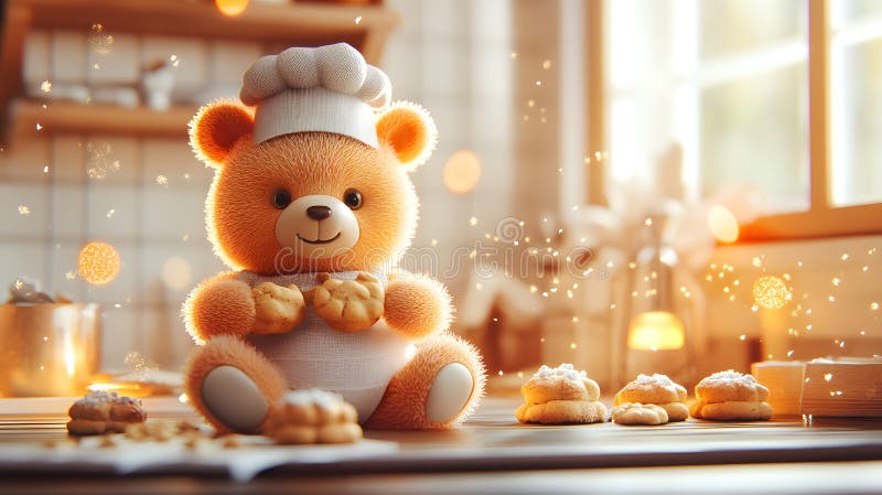 A Cute Teddy Bear Chef Baking Cookies in a Cozy Kitchen Filled with ...