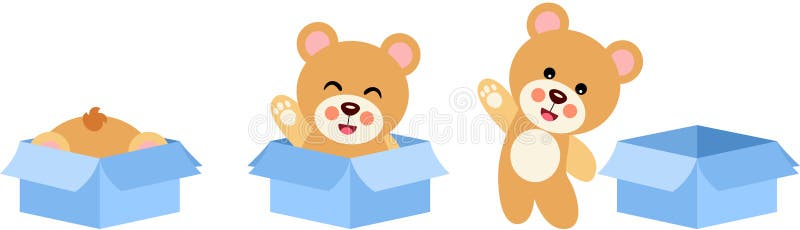 Cute Teddy Bear in Different Positions Going Out a Cardboard Box Stock ...