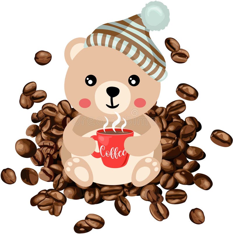 Cute Teddy Bear Drinking Cup of Coffee with Coffee Beans Stock Vector ...