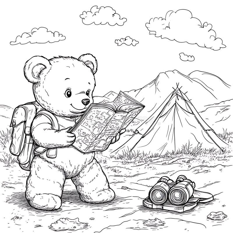 Cute Teddy Bear Hiker Reading Map Near Campsite Stock Illustration ...