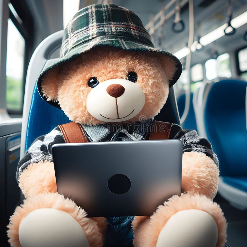 Cute Teddy Bear Holding a Notebook Computer in the Bus. Stock ...