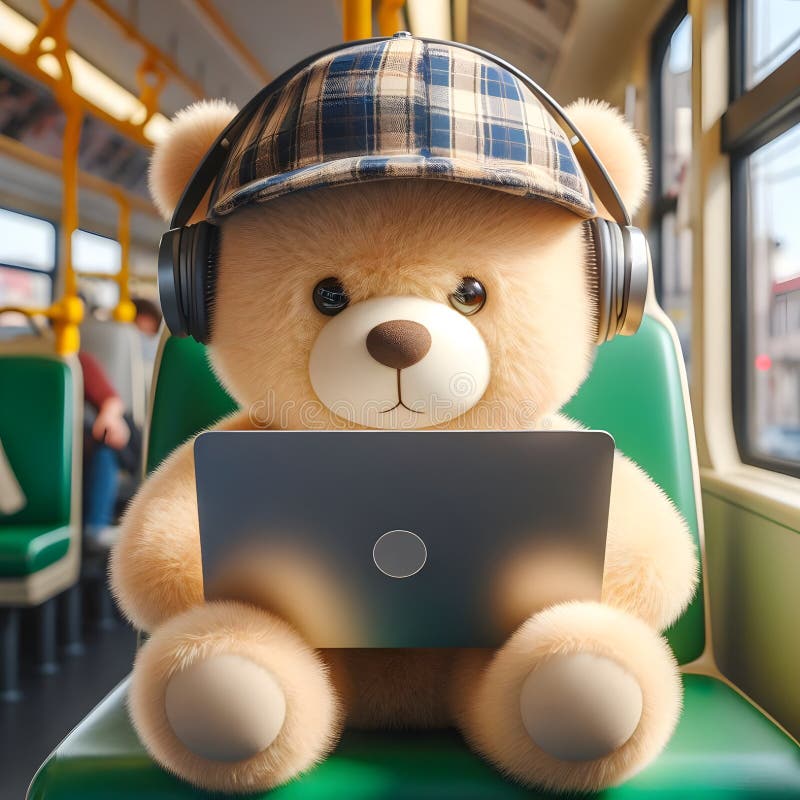 Cute Teddy Bear Holding a Notebook Computer in the Bus. Stock ...