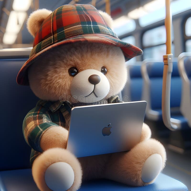 Cute Teddy Bear Holding a Notebook Computer in the Bus. Stock ...