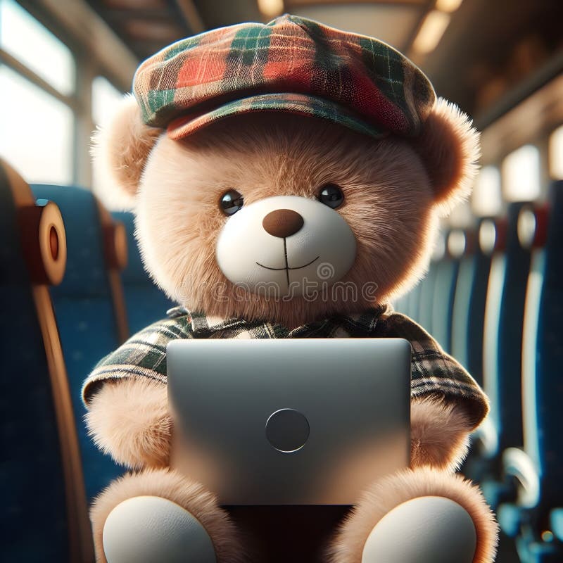 Cute Teddy Bear Holding a Notebook Computer in the Bus. Stock ...