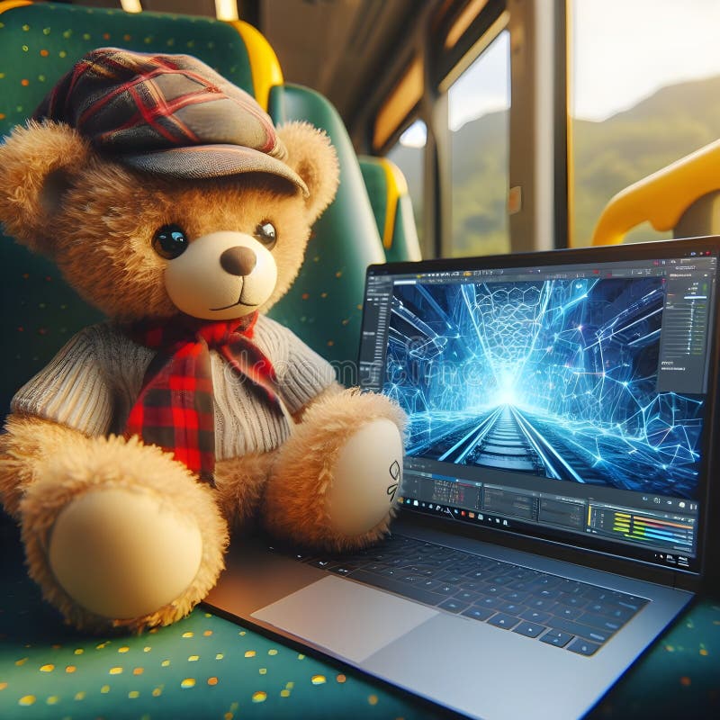 Cute Teddy Bear Holding a Notebook Computer in the Bus. Stock ...