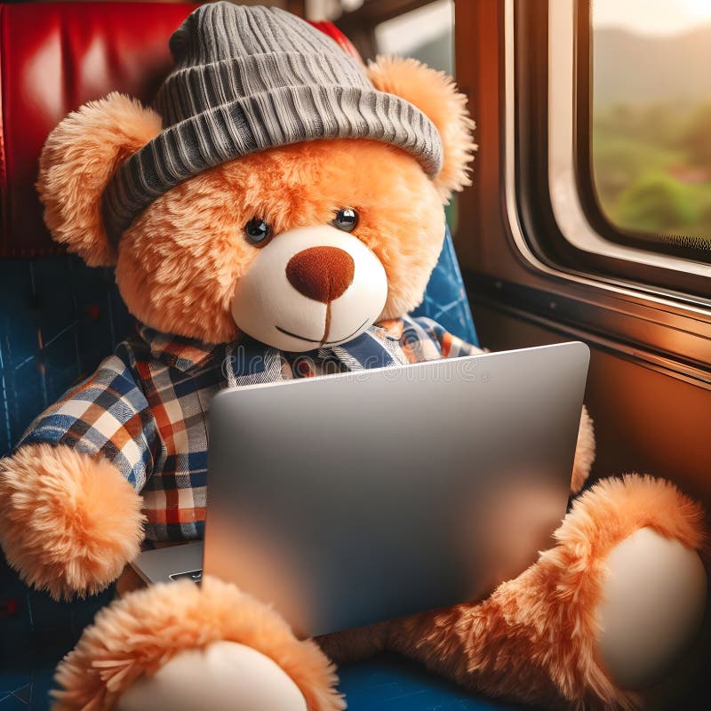 Cute Teddy Bear Holding a Notebook Computer in the Bus. Stock ...