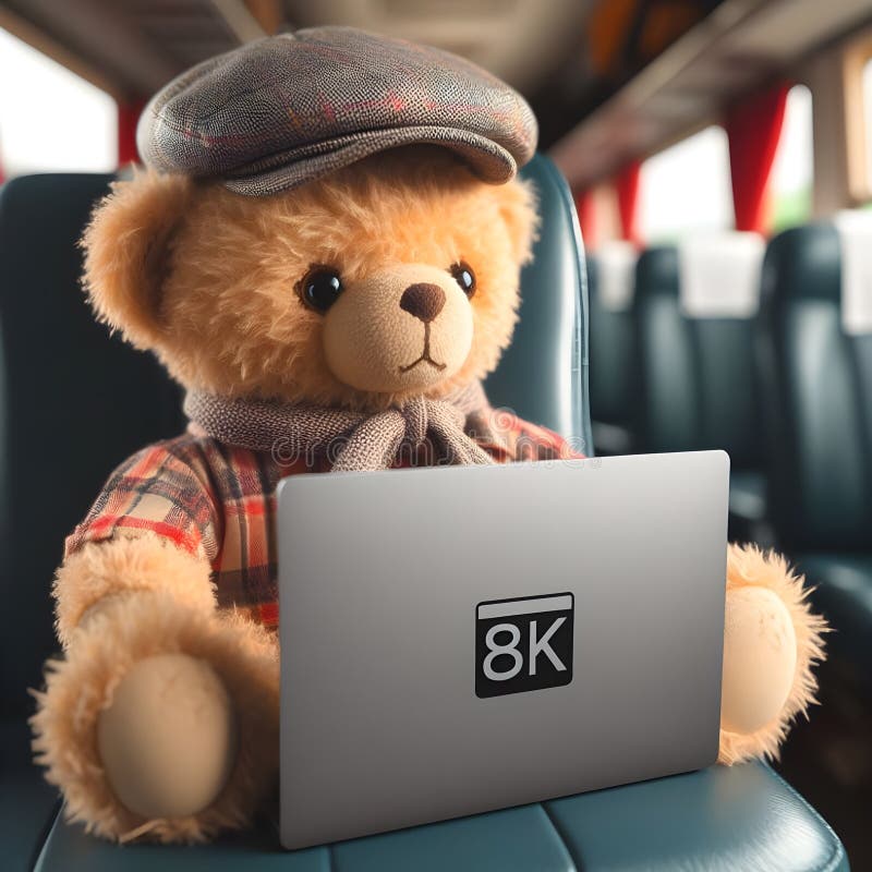 Cute Teddy Bear Holding a Notebook Computer in the Bus. Stock ...