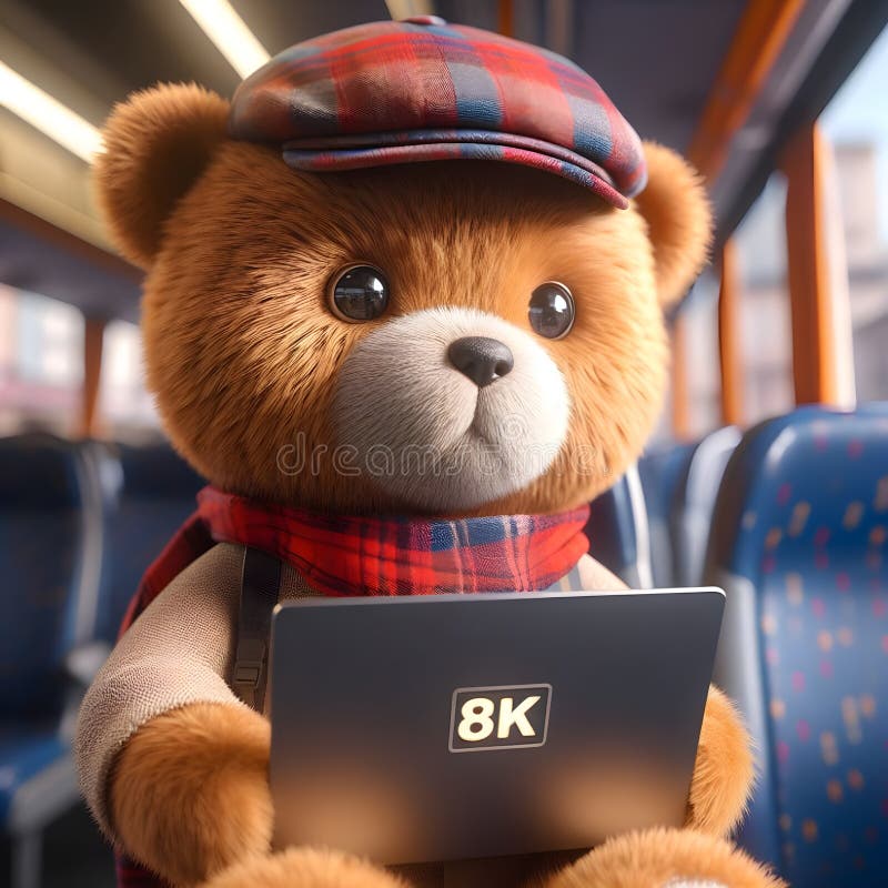 Cute Teddy Bear Holding a Notebook Computer in the Bus. Stock ...