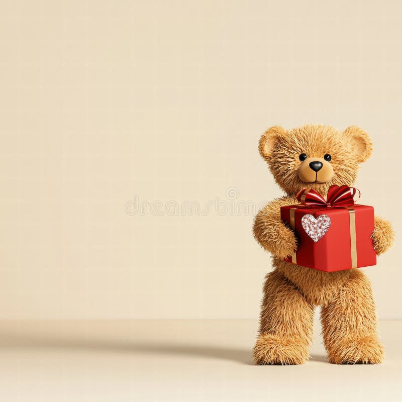 Cute Teddy Bear Holding Red Gift Box with Heart, Perfect for ...