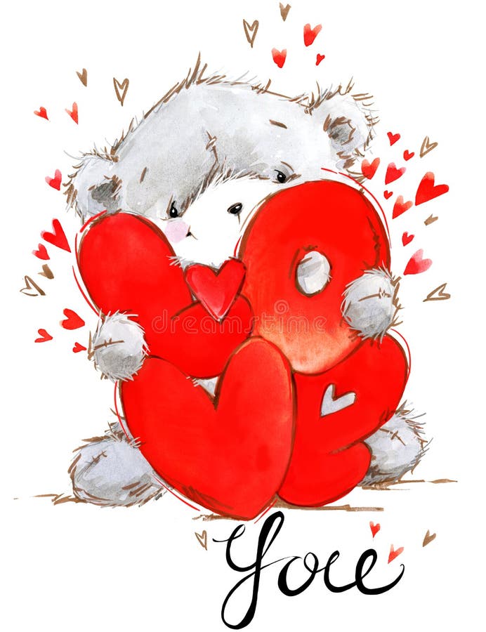 Cute Teddy Bear Love You Card Valentines Day Watercolor Background