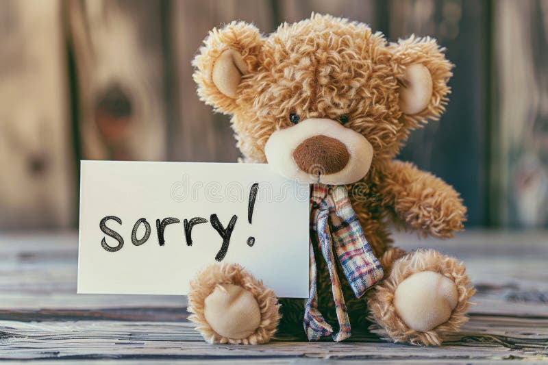 Cute Teddy Bear with a Paper Card. Text "Sorry!" Written on a White ...