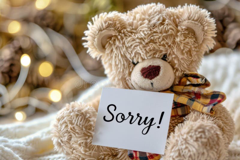 Cute Teddy Bear with a Paper Card. Text "Sorry!" Written on a White ...