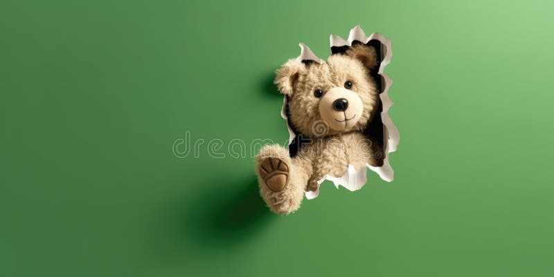 Cute Teddy Bear Peeking Out of a Hole in Wall, Torn Hole, Empty Copy ...