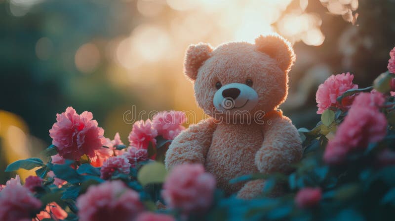 Cute Teddy Bear among Pink Roses at Sunset Stock Illustration ...