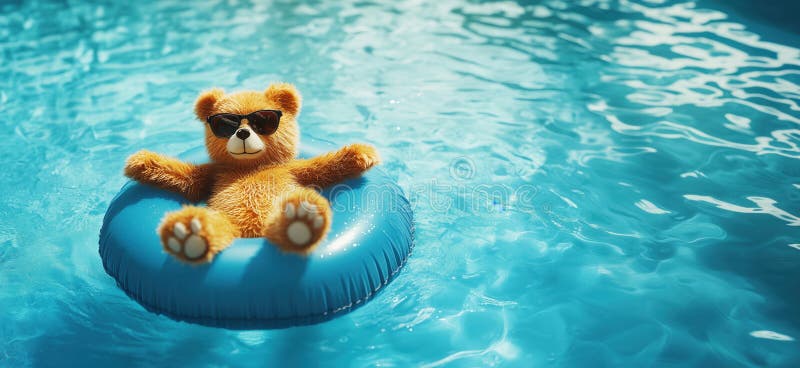 Cute Teddy Bear Relaxing on Inflatable Float in Swimming Pool with ...