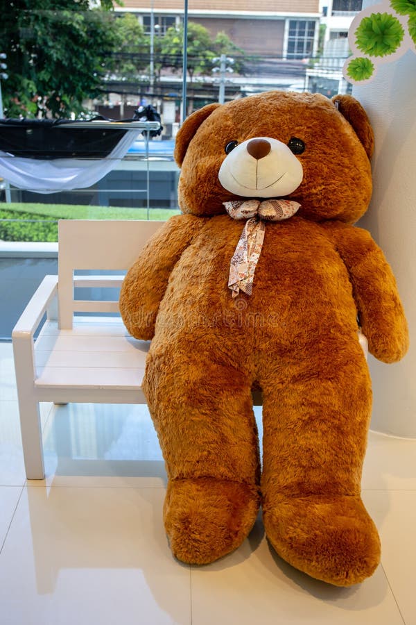 Cute Teddy Bear Sit on the Chair or Bench. Stock Image - Image of child ...