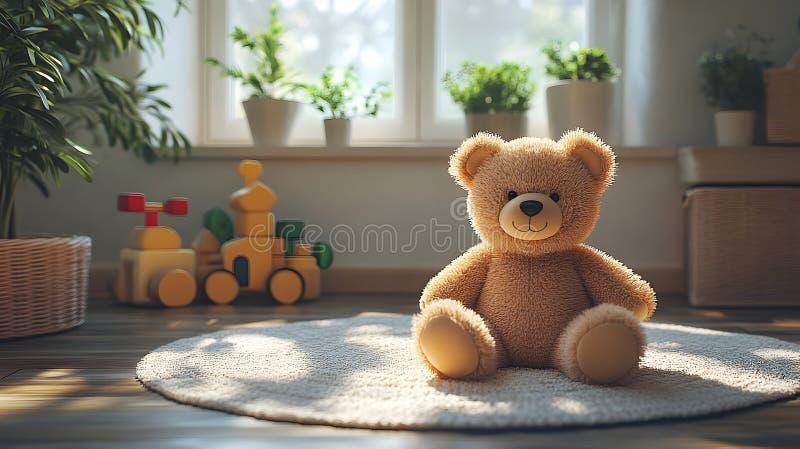 Cute Teddy Bear Sitting on a Rug in a Sunlit Room 3D Illustration Stock ...