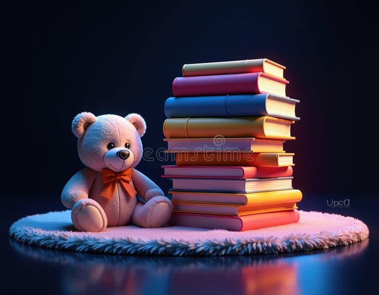 Cute Teddy Bear with Stack of Books on Fluffy Rug - 3D Render Stock ...