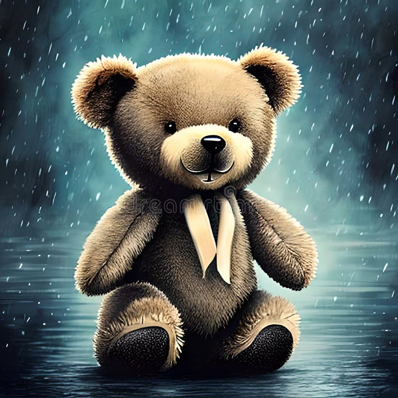 Cute Teddy Bear Standing Alone on Rainy Day, Muted Colors Generative Ai ...