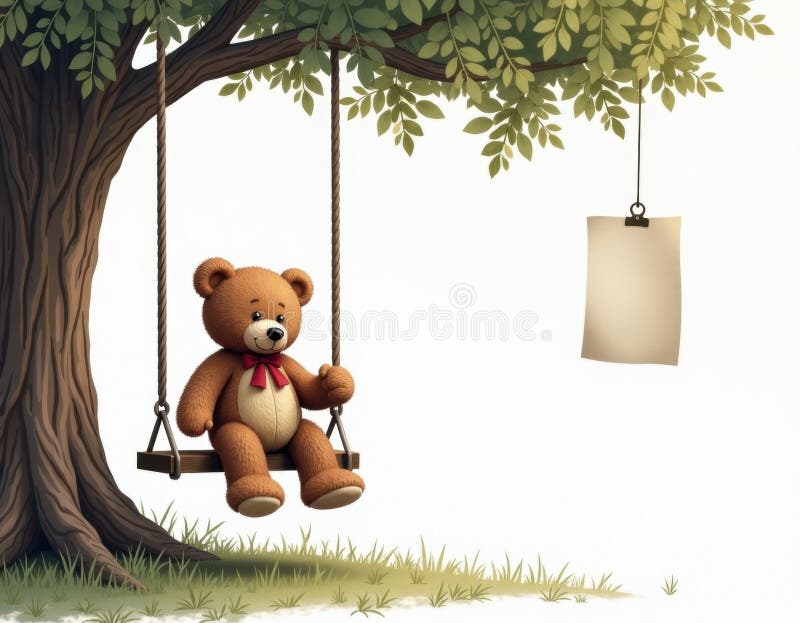 Cute Teddy Bear on a Swing Under a Tree with Blank Note Stock ...