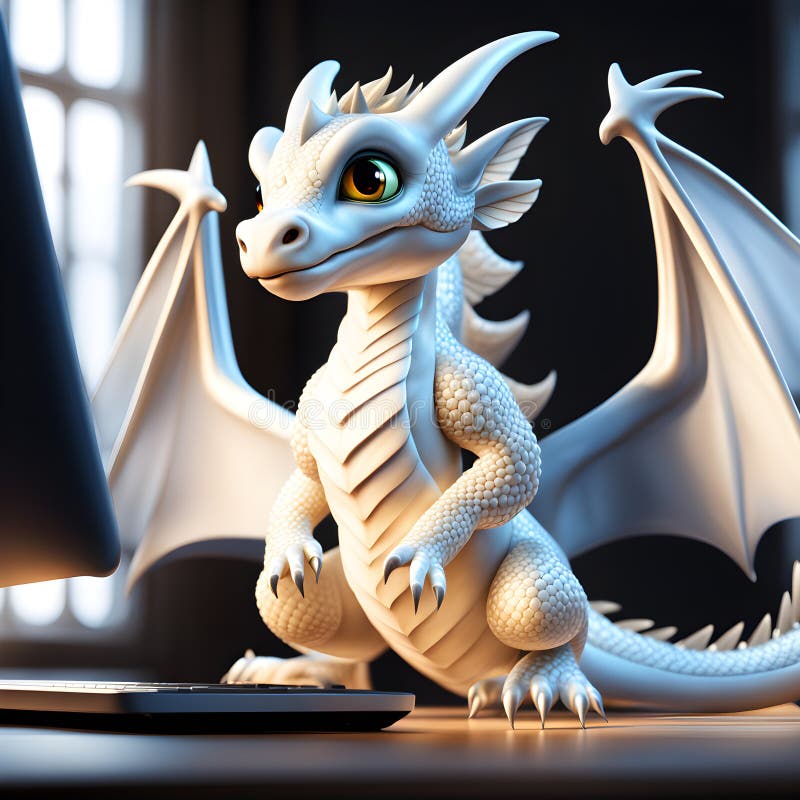 Cute Teenage Dragon is Interestedly Studying on the Computer Stock ...