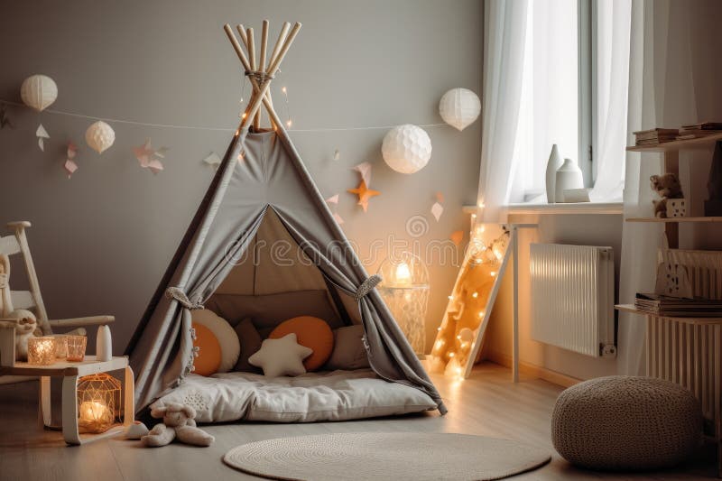 Cute Teepee Tent in a Kids Play Room Stock Illustration - Illustration ...