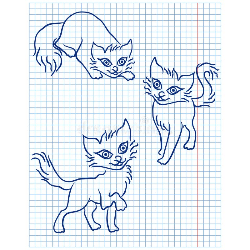 Cute Three Cats on a Checkered Sheet Stock Vector - Illustration of ...